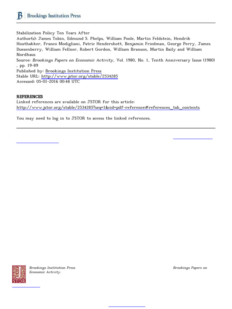 Stabilization Policy Ten Years After - Tobin | PDF | Cost Of Living | Macroeconomics