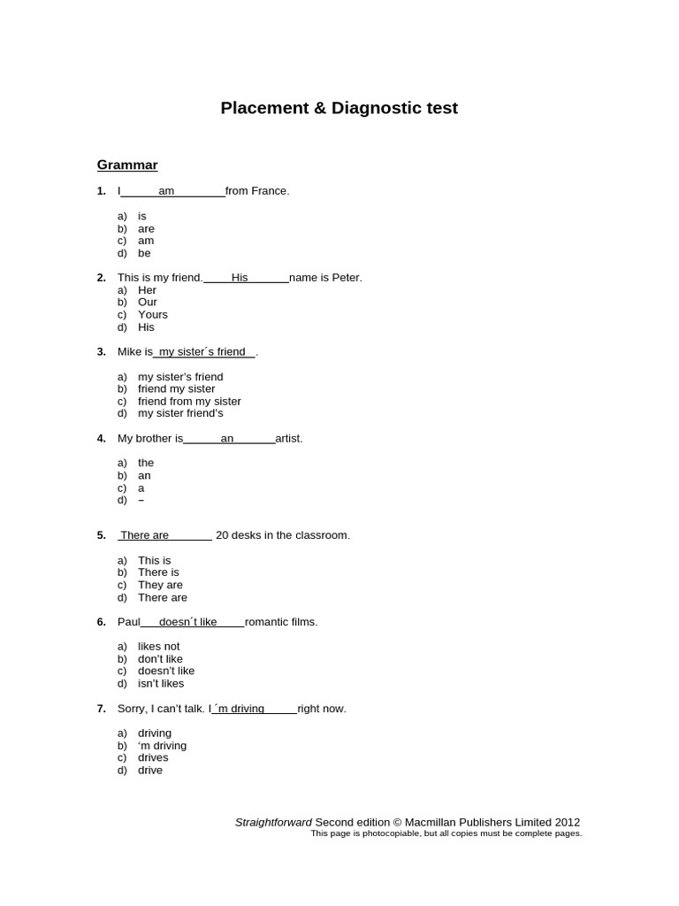 Grammar Placement Test Questions | PDF