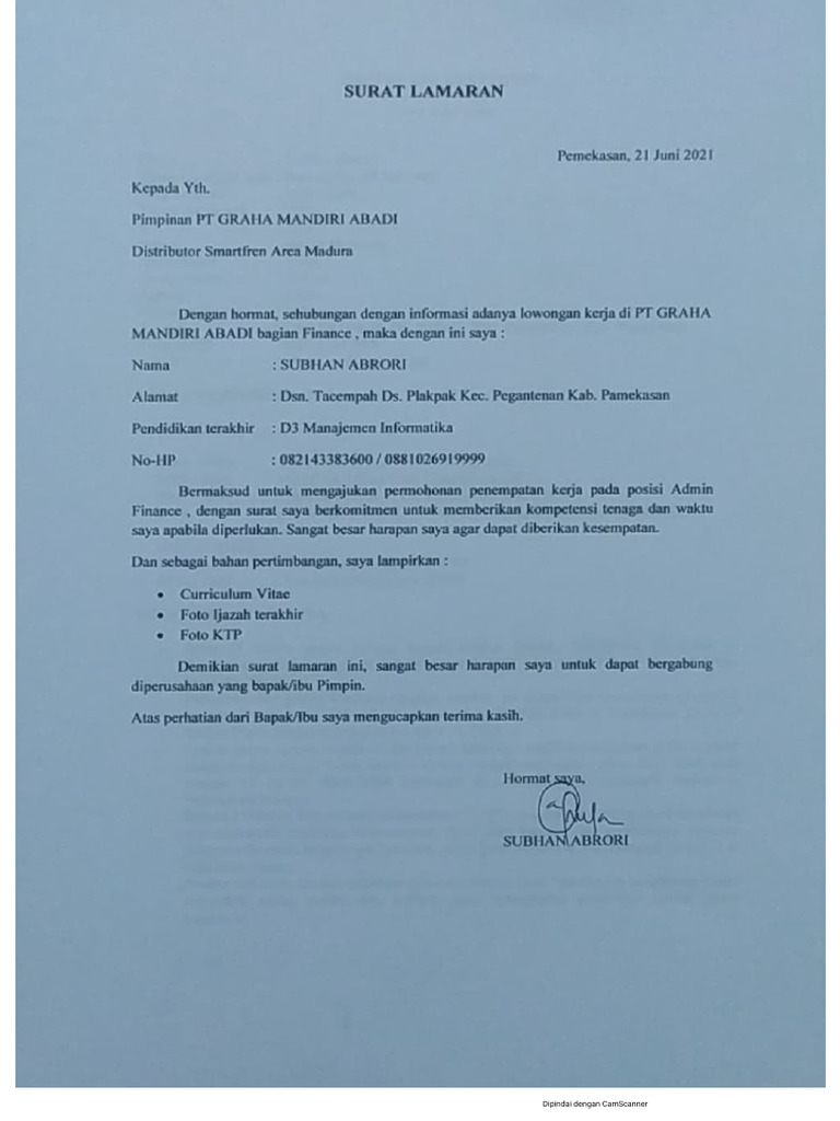Surat Lamaran Subhan Abrori | PDF