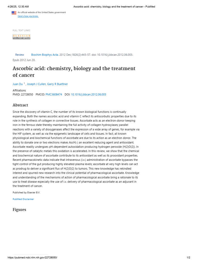 Ascorbic Acid - Chemistry, Biology and The Treatment of Cancer - PubMed ...