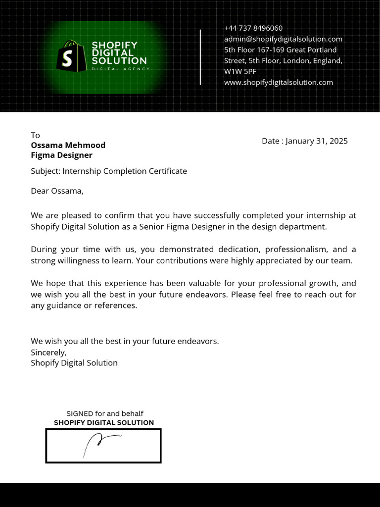 Internship Letter (Shopify Digital Solution) | PDF