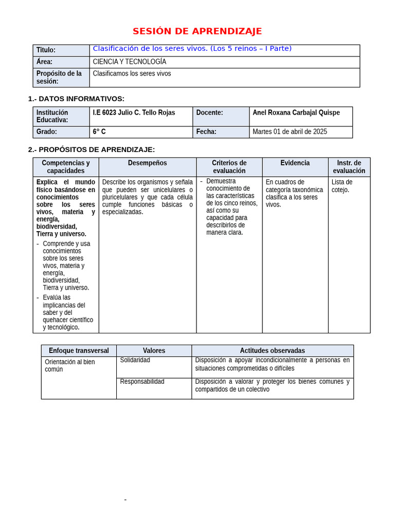 01 04 SESIÓN CyT Clasificación de los seres vivos Los 5 reinos I Parte | PDF | Evolución ...