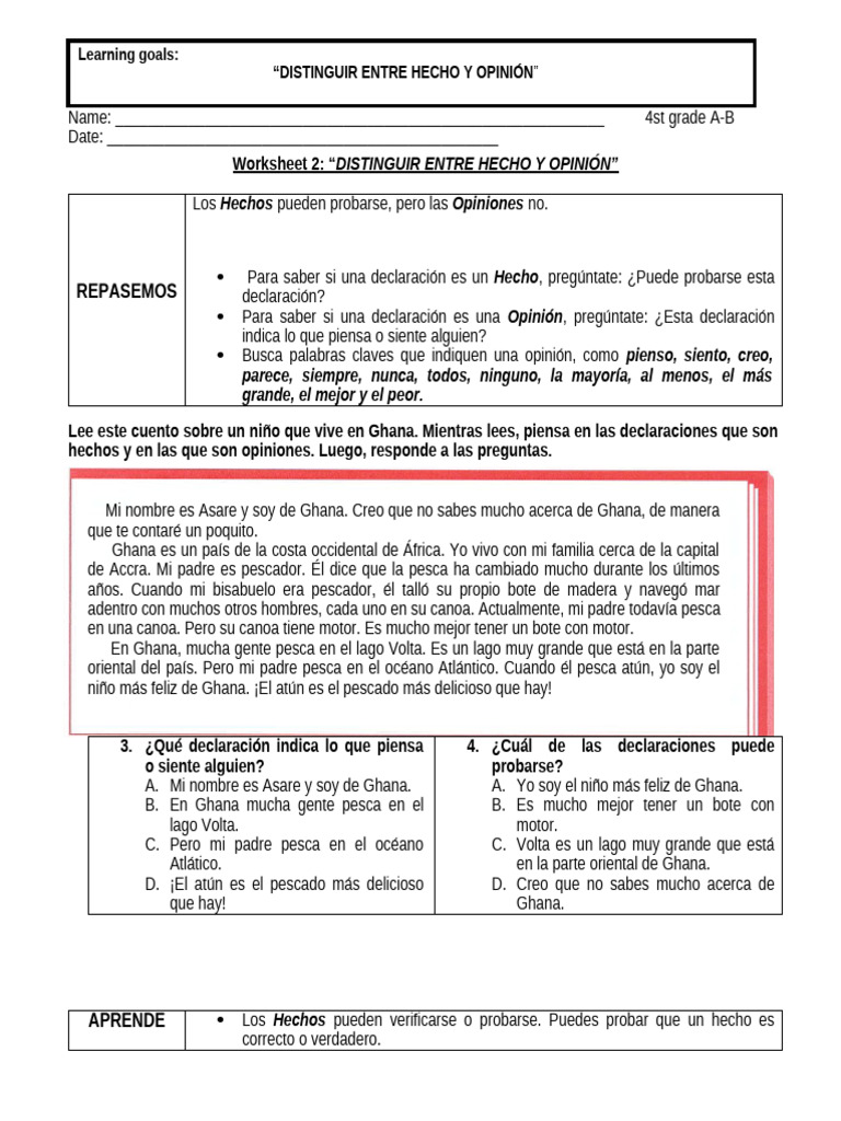 GUÍA N°2 DISTINGUIR ENTRE HECHO Y OPINION (1) (1) | PDF | Herida
