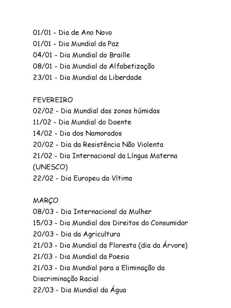 Calendário anual de datas comemorativas internacionais e nacionais ...
