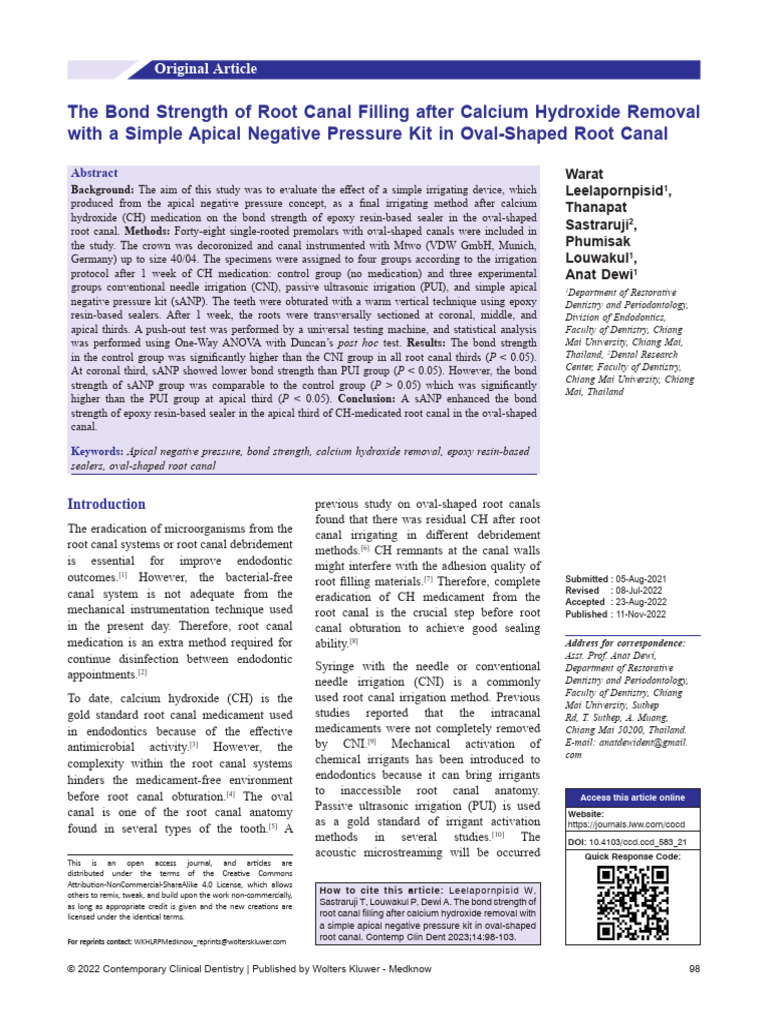 The Bond Strenght of Root Canal Filling After Calcium Hydrixide Removal ...
