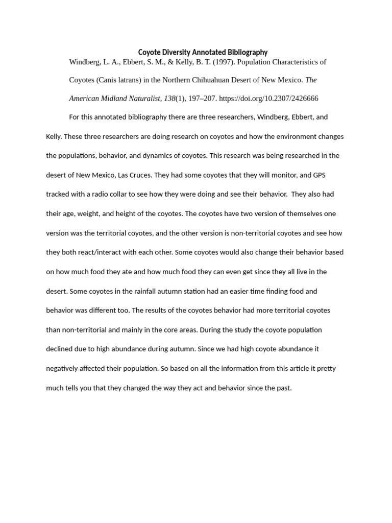Annotated Bibliography Coyote Diversity | PDF