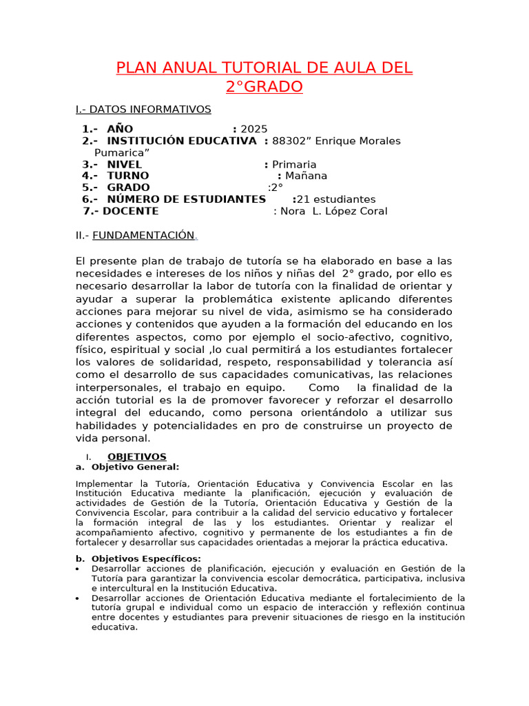 Plan de Tutoria 20205 Segundo Grado | PDF | Maestros | Escuelas