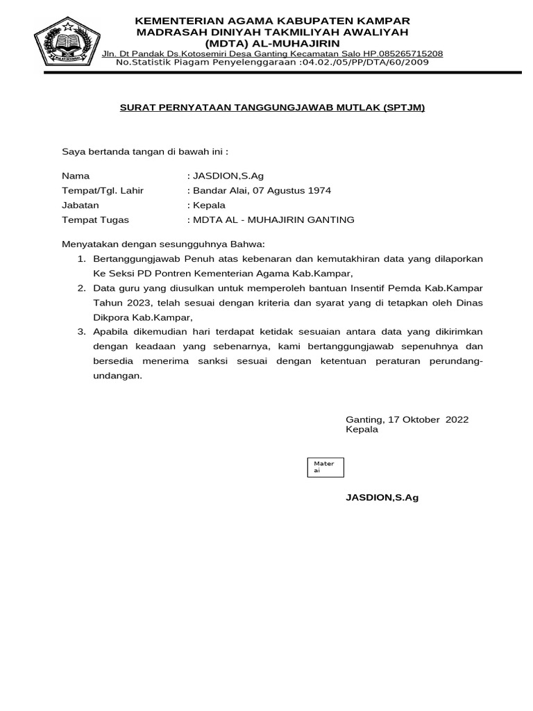 Contoh SPTJM MDTA 2023 | PDF
