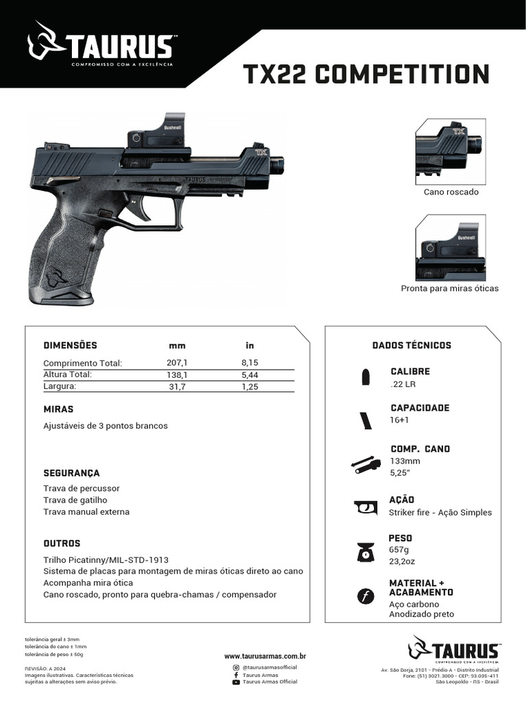 Pistola Taurus T x22 Competition | PDF | Voo | Projéteis