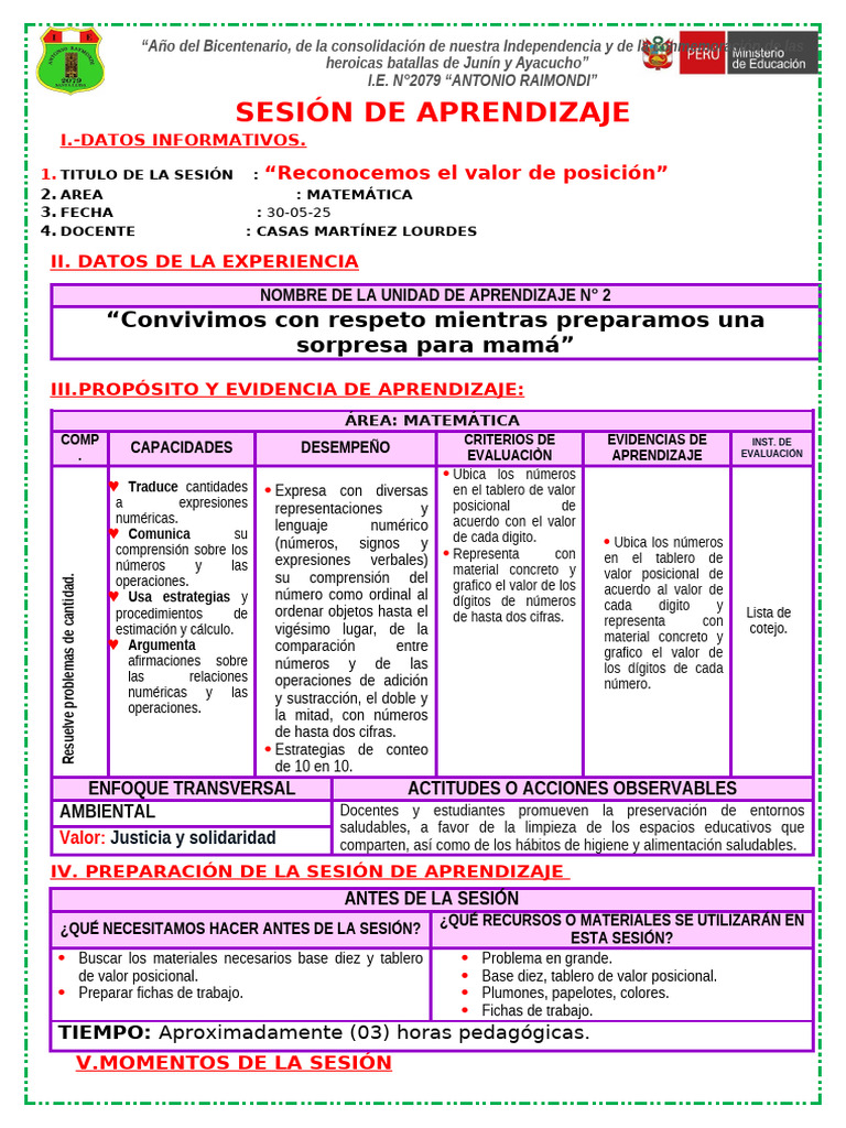 RECONOCIENDO EL VALOR DE POSICION SESION | PDF | Aprendizaje | Notación ...