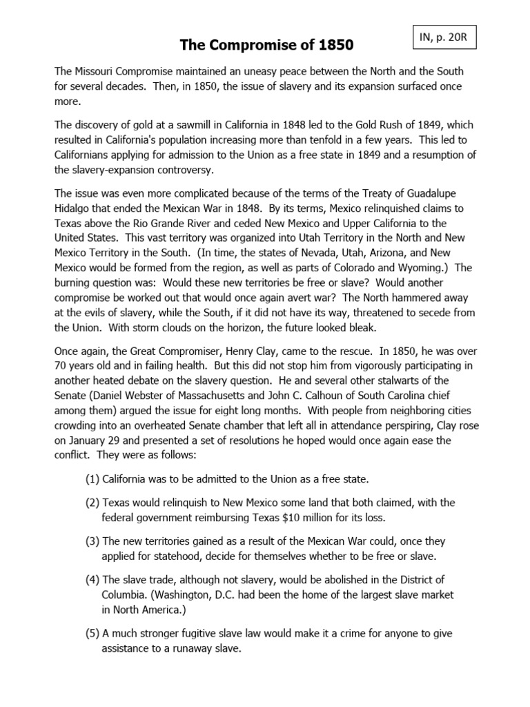Understanding the Compromise of 1850 | PDF | Fugitive Slaves In The ...