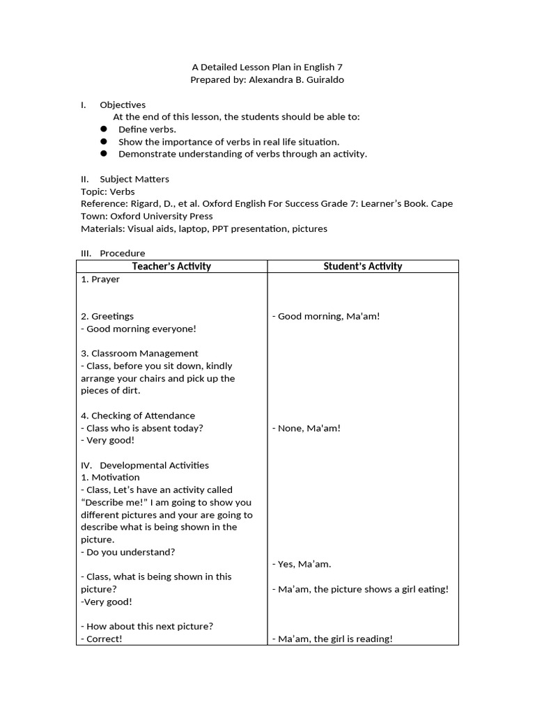 A Detailed Lesson Plan in English 7 | PDF | Lesson Plan | Linguistic ...