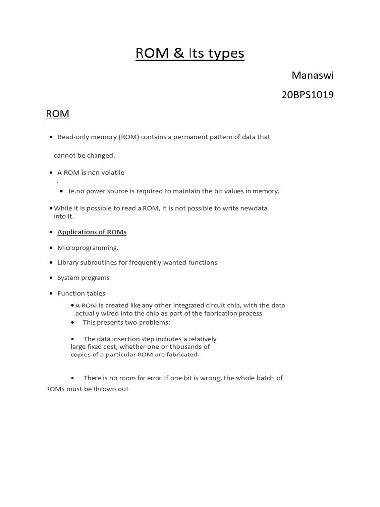 Manaswi (20BPS1019) - ROM&its Types | PDF | Read Only Memory | Computer Memory