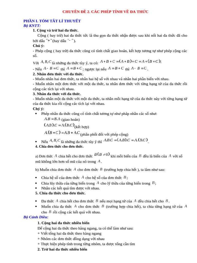 Cdcb Toan 8 Cd2 d1 Cac Phep Toan Ve Da Thuc | PDF