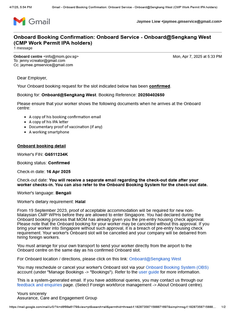 Onboard Booking Confirmation for Sengkang West | PDF