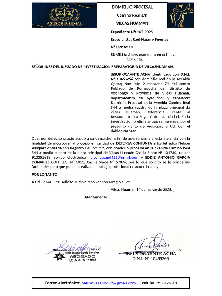 Apersonamiento Defensa Conjunta Vilcas Huamán | PDF | Separación de ...