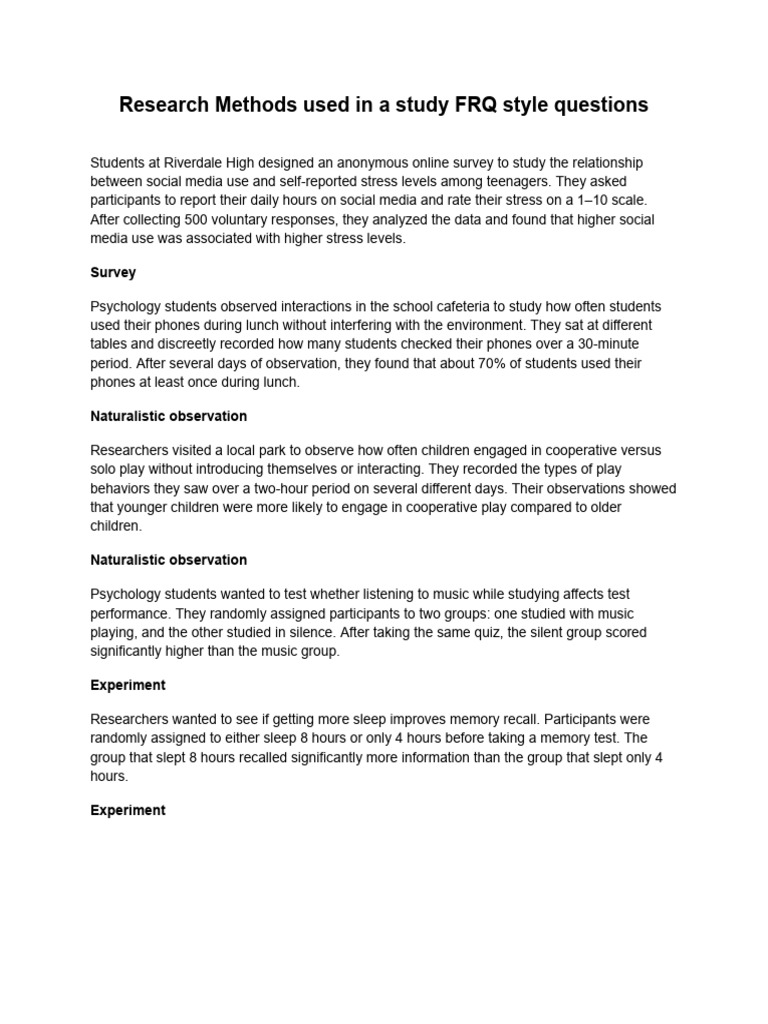 Research Methods Used in A Study FRQ Style Questions (AP Psychology ...
