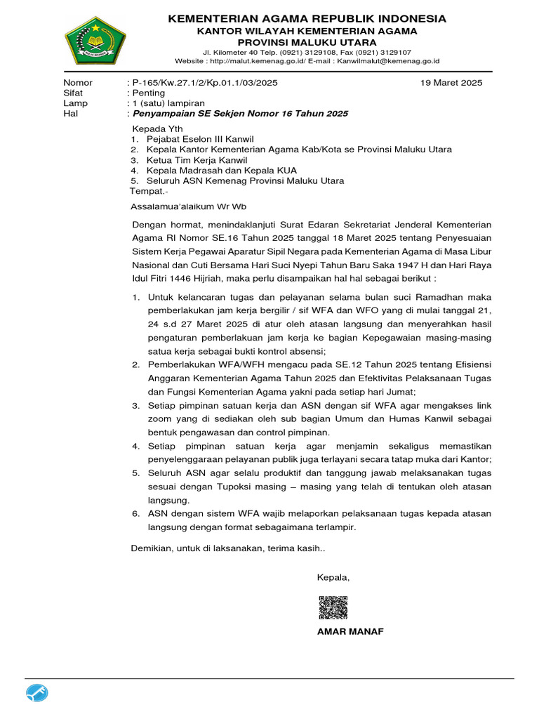 Penyampaian Surat Edaran Sekjen-Penyesuaian Jam Kerja Ramadhan | PDF