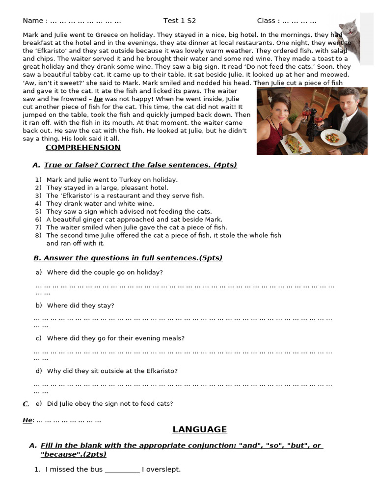 Past Simple Tense Practice at The Restaurant Reading Comprehension ...