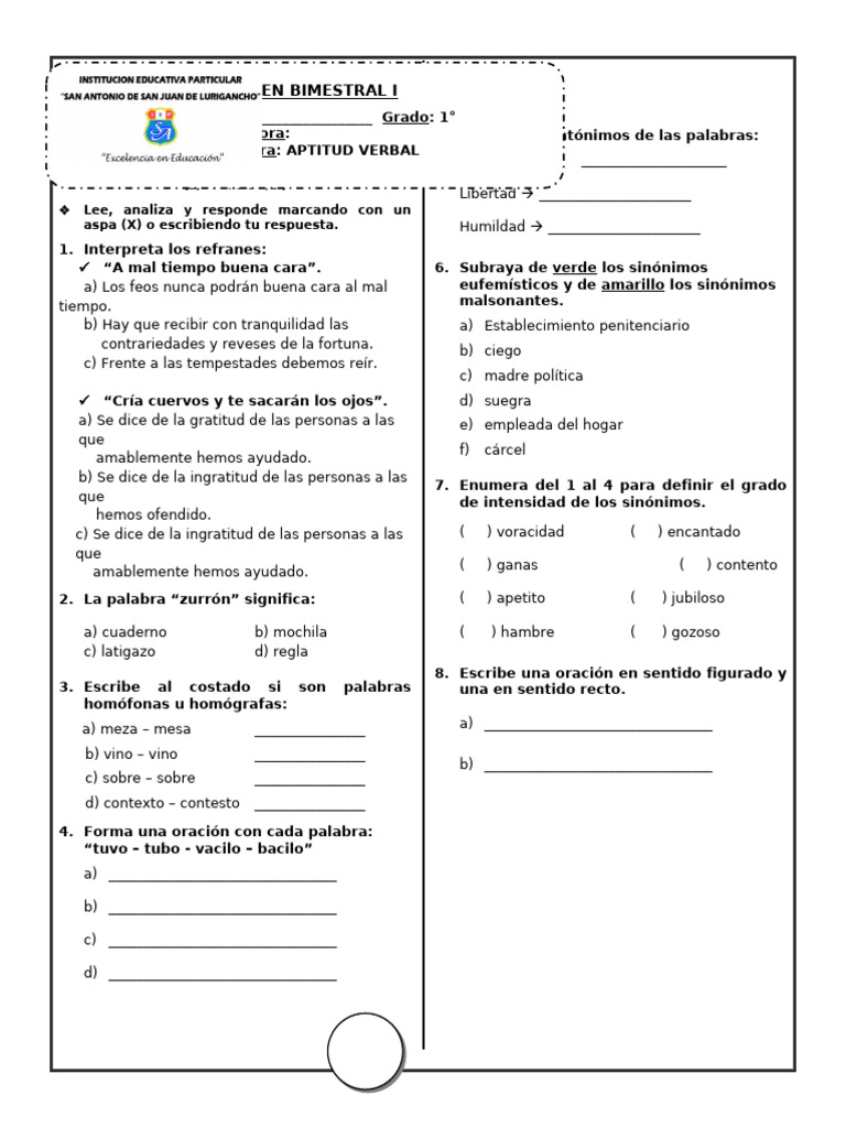 Examen Bimestral de Aptitud Verbal | PDF