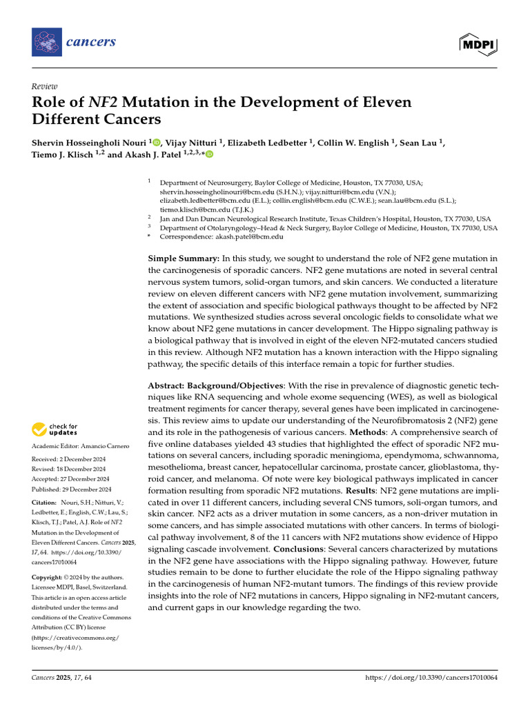 Role of NF2 Mutation in the Development of Eleven Different Cancers ...