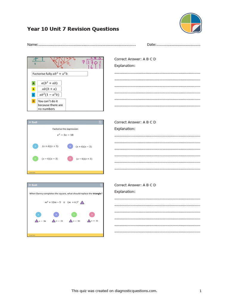 Year 10 Unit 7 Revision Questions | PDF | Quiz Games