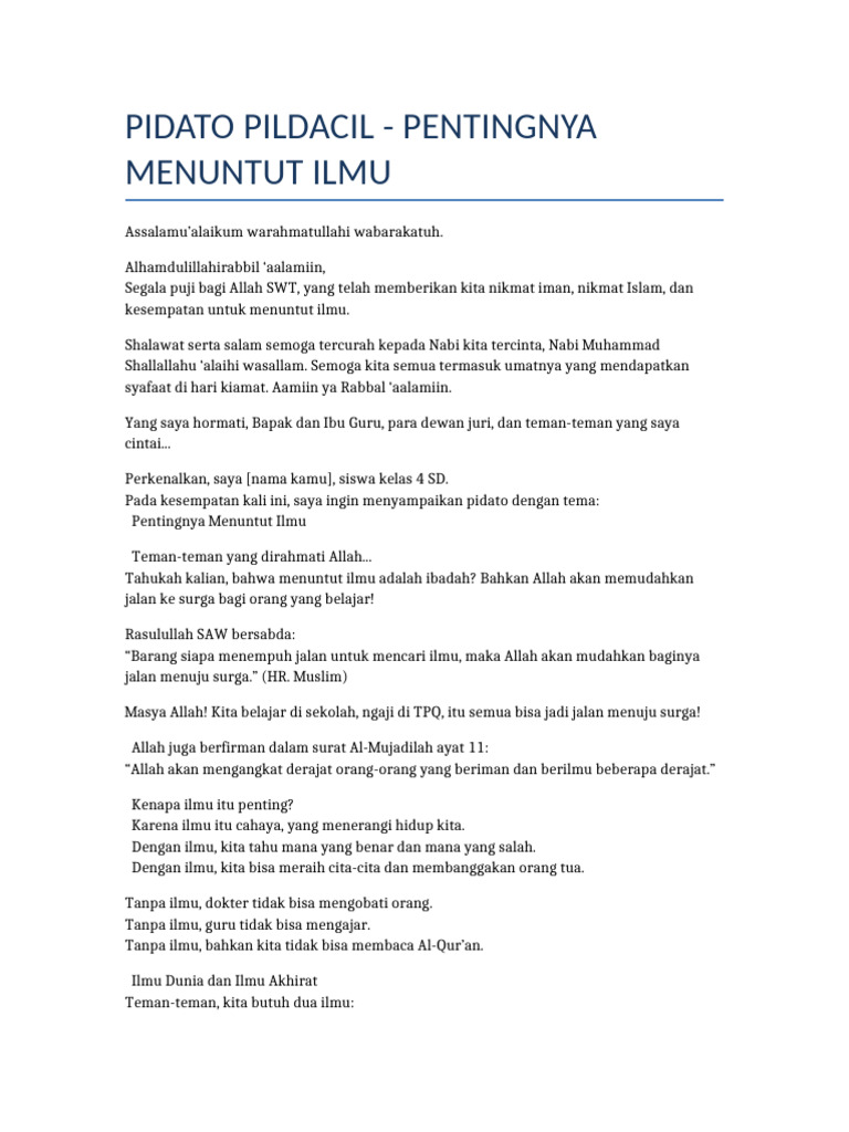 Pidato Pildacil Pentingnya Menuntut Ilmu | PDF