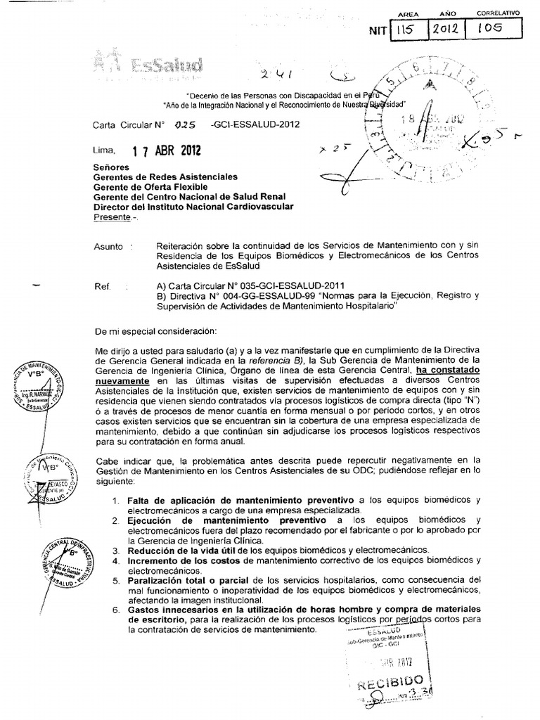 Carta Circular #025-GCI-ESSALUD-2012 Reiteración Continuidad Servicios de Mantenimiento | PDF