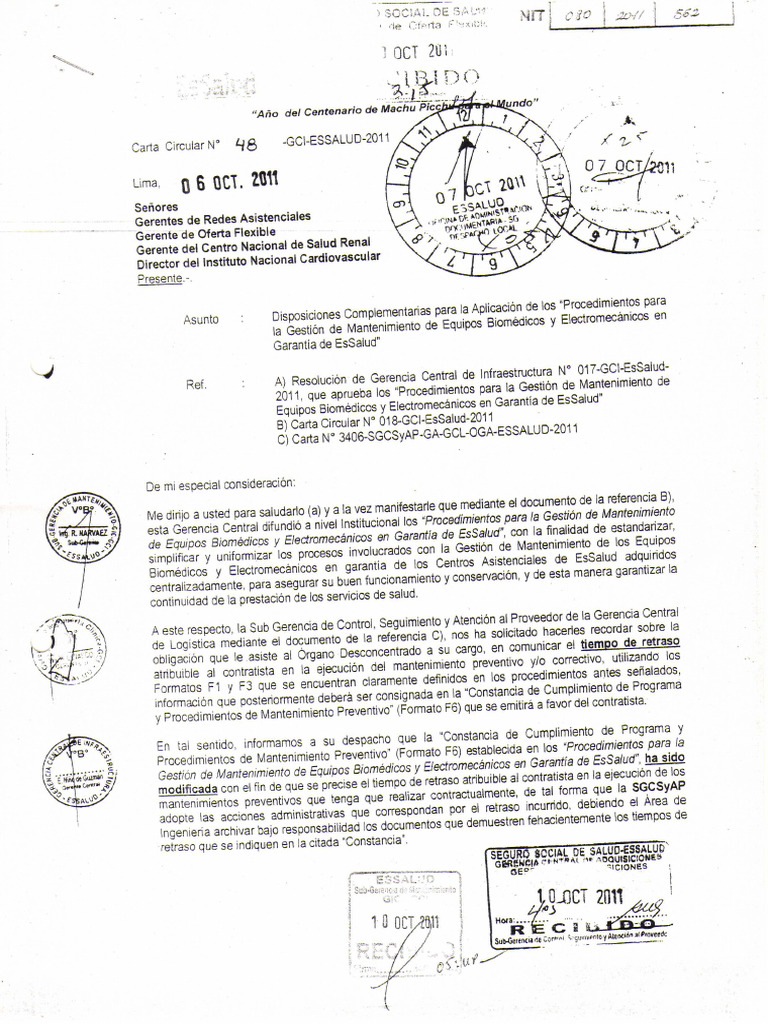 Carta Circular #048-GCI-ESSALUD-2011 Formato F6 Equipos en Garantía | PDF