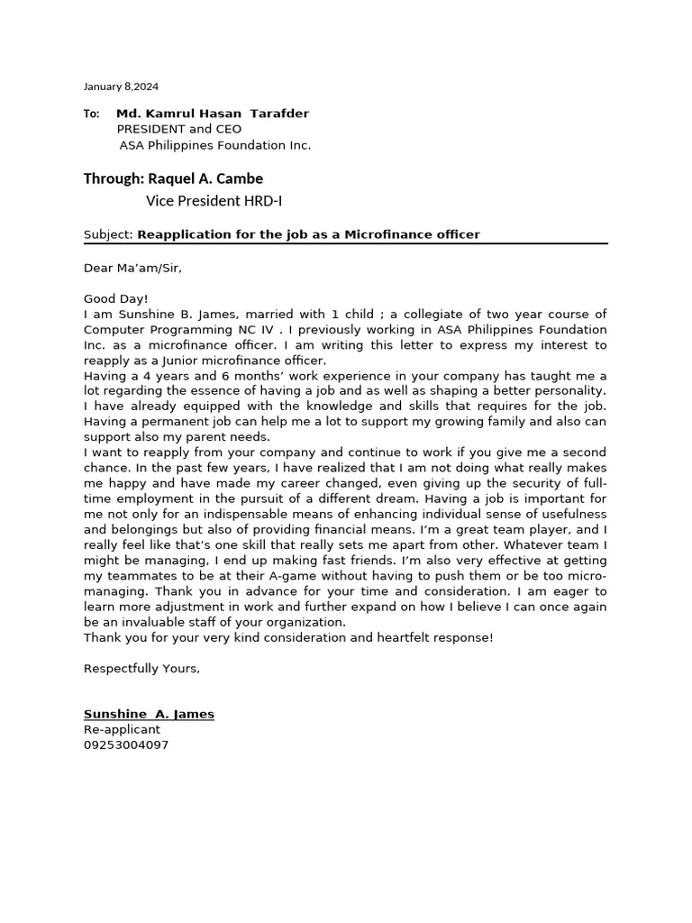 SAMPLE FORMAT Reapplication Letter Mfo | PDF