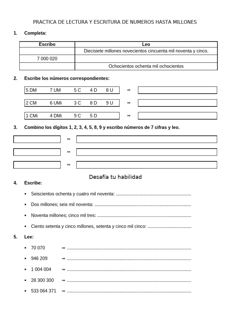Lectura y Escritura de Numeros Hasta Millones | PDF