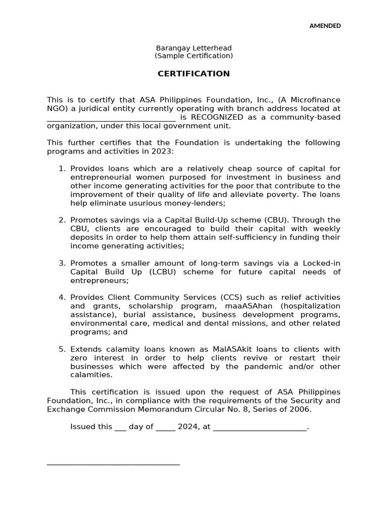 Certification for ASA Philippines Foundation | PDF
