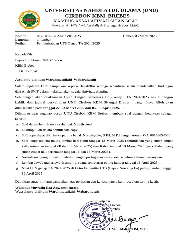 Surat UTS Untuk Dosen | PDF