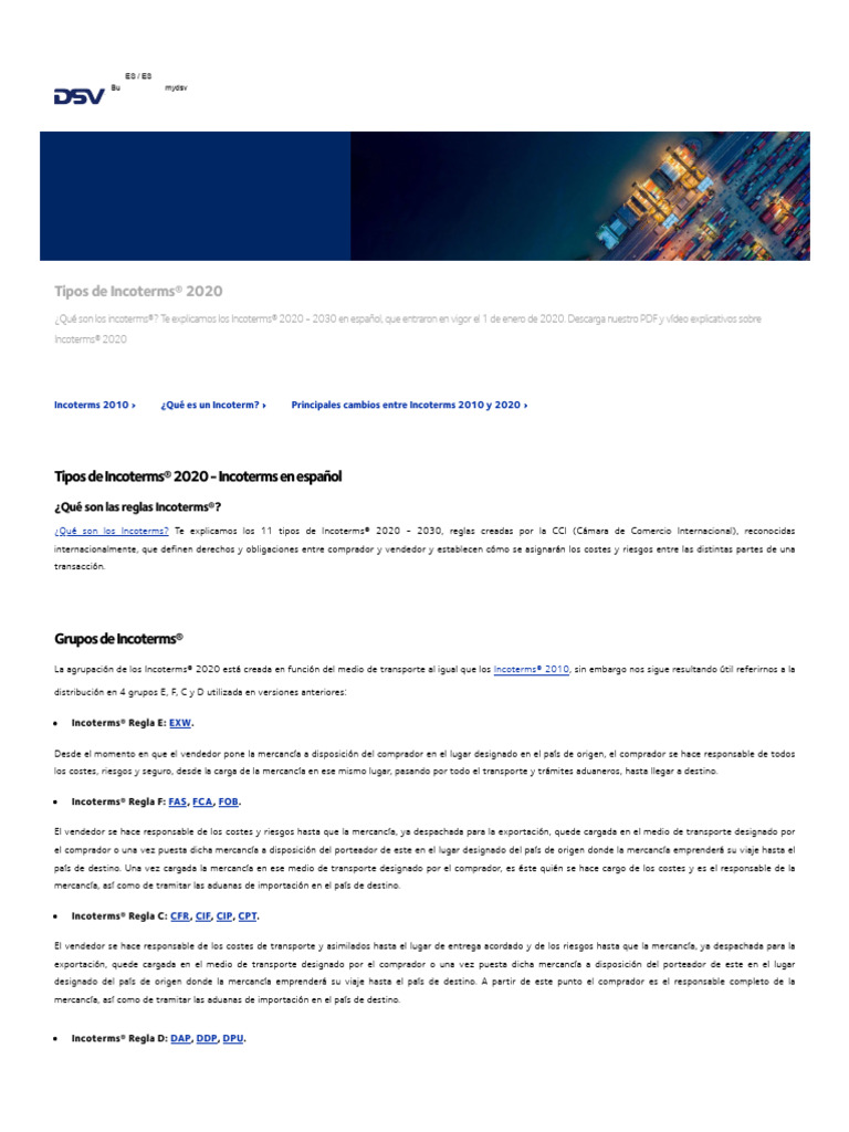 Tipos de Incoterms 2020 en Español - DSV | PDF | Contabilidad de gestión | Comercio