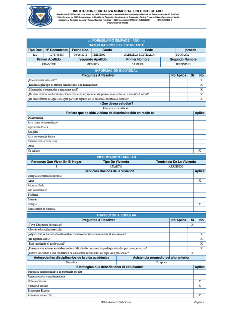 FORMULARIO_SIMPADE_EST_SAMUEL_CHANTRE_2025 | PDF | Educación de la primera infancia