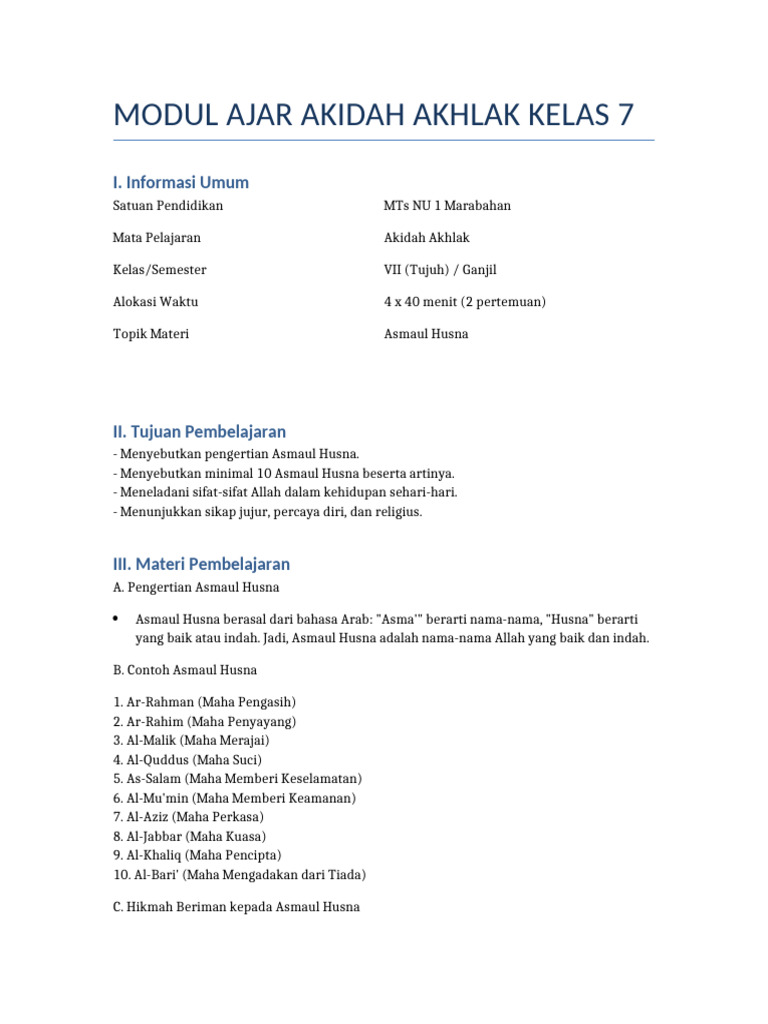 Modul Ajar Akidah Akhlak Asmaul Husna Kelas 7 | PDF