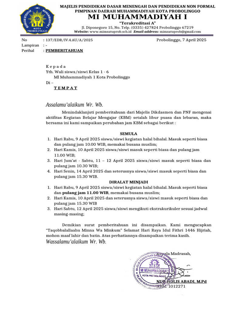 Pemberitahuan Perubahan Jam KBM Setelah Libur Lebaran | PDF
