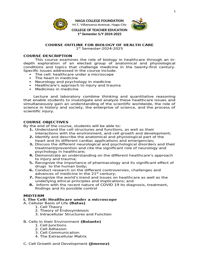 GS COURSE OUTLINE Biology of Health Care List of Discussant | PDF ...