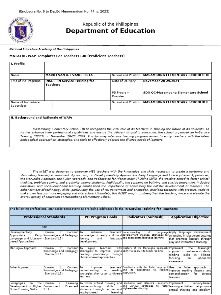 INSET Training Plan for Proficient Teachers | PDF | Inclusion ...
