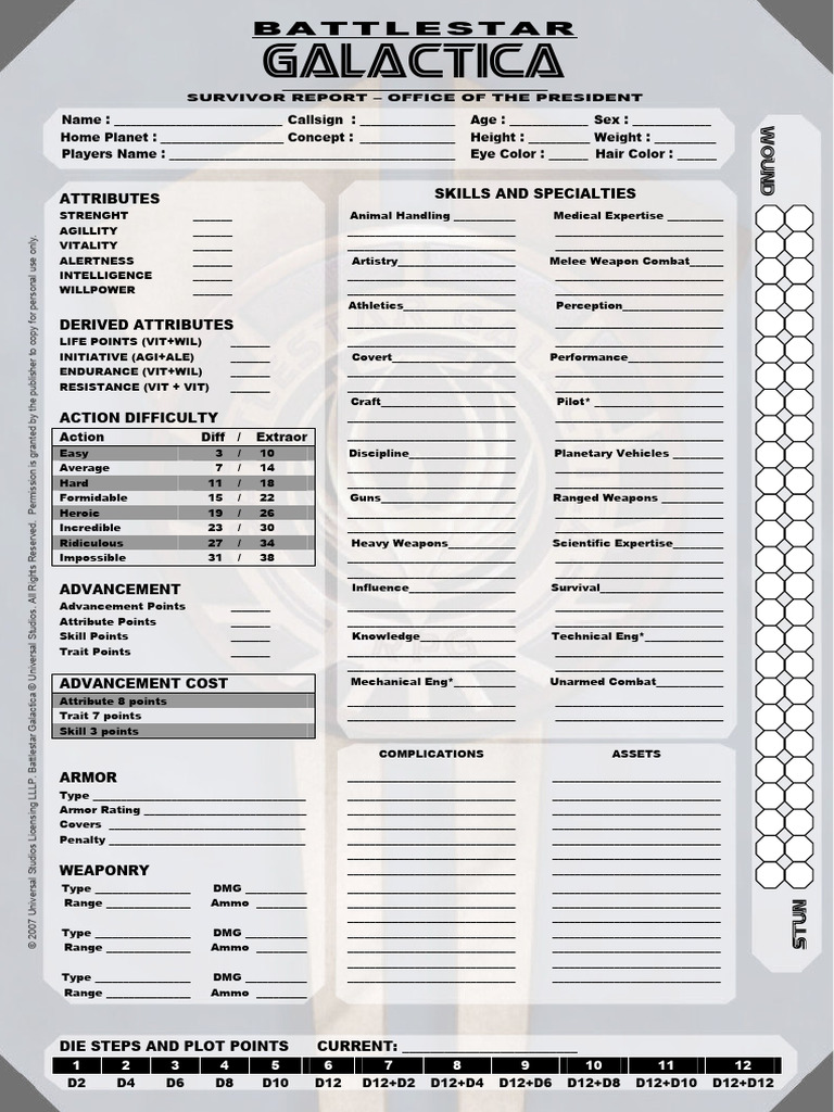 Battlestar Galactica - Character Sheet 2 | PDF