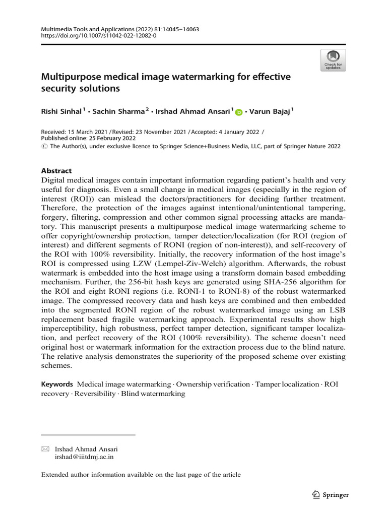 Multipurpose Medical Image Watermarking For Effective | PDF | Data ...