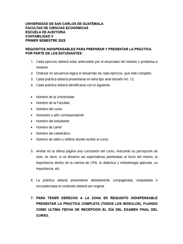 REQUISITOS PRACTICA CONTA V 2025 | PDF