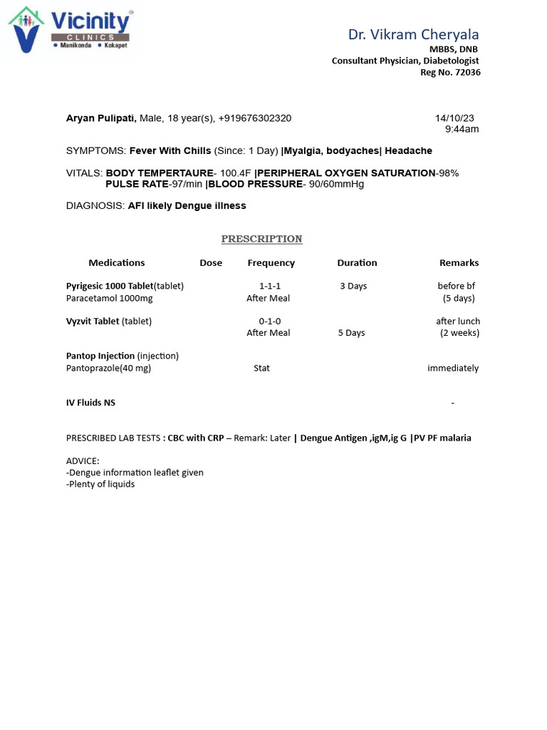 Vyzvit Tablet Prescription for Dengue | PDF