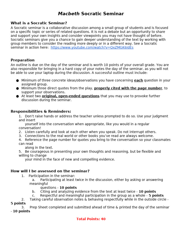 Macbeth Socratic Seminar Guide | PDF | Macbeth