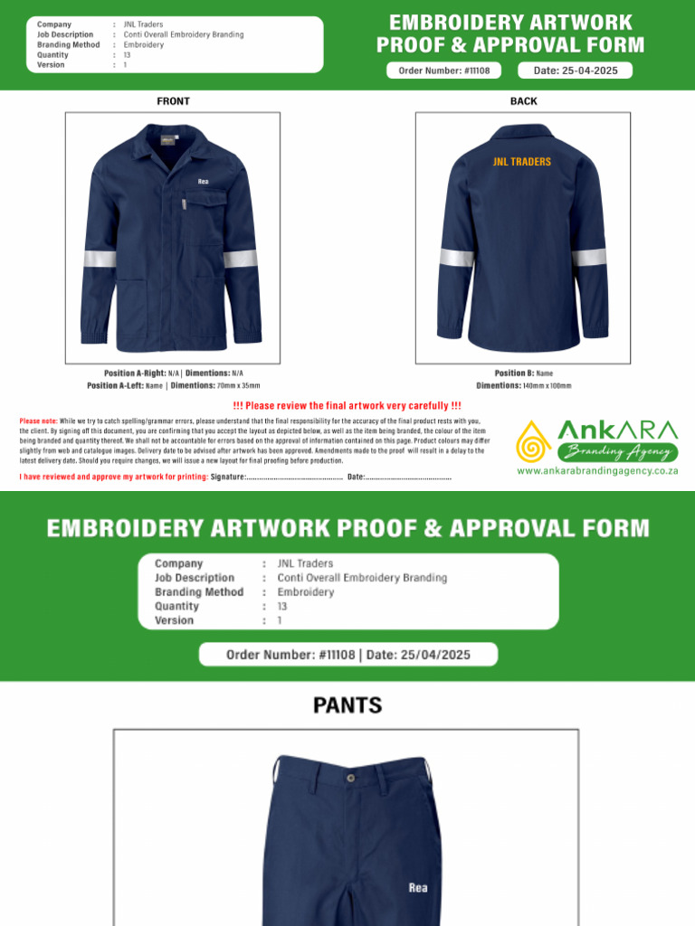 O11108 JNL TRADERS Embroidery Artwork Proof & Approval Form | PDF