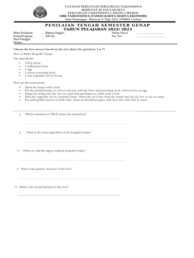 Bregedel Tempe Recipe for Students | PDF