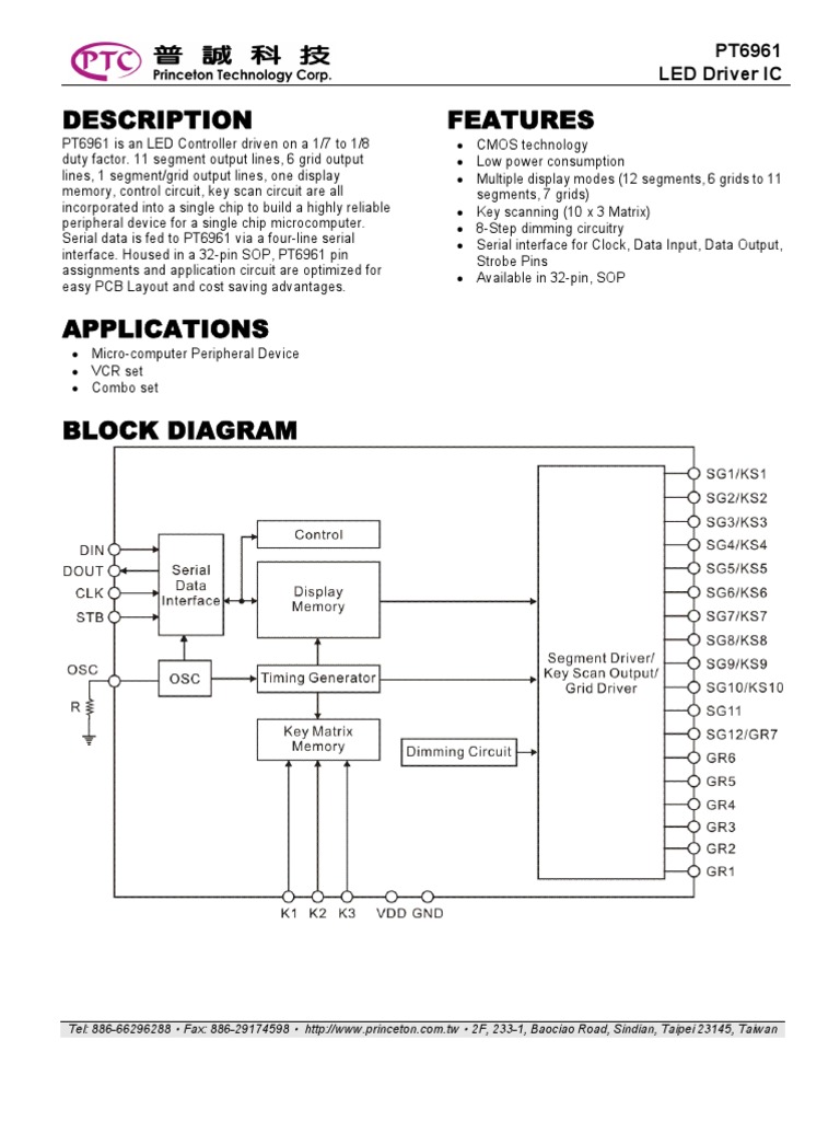 Description Features: PT6961 LED Driver IC | PDF