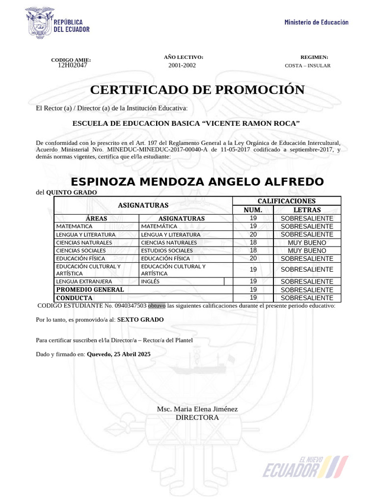 Certificado de Promoción Escolar | PDF