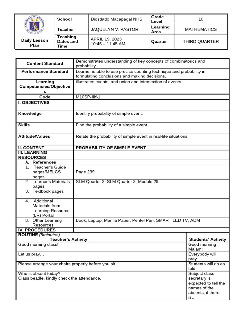 Grade 10 Probability Lesson Plan | PDF | Probability | Learning