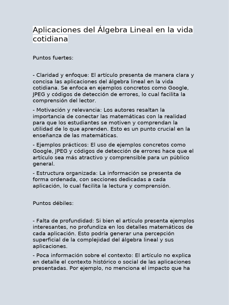 Aplicaciones Del Álgebra Lineal en La Vida Cotidiana | PDF | Análisis | Álgebra lineal
